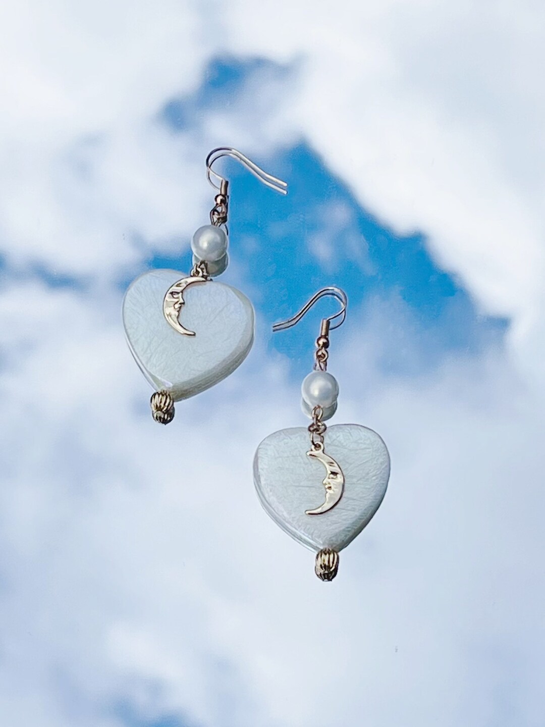 Crescent Moon With Heart Shaped Imitation Pearls Dangled Drop Earrings ...