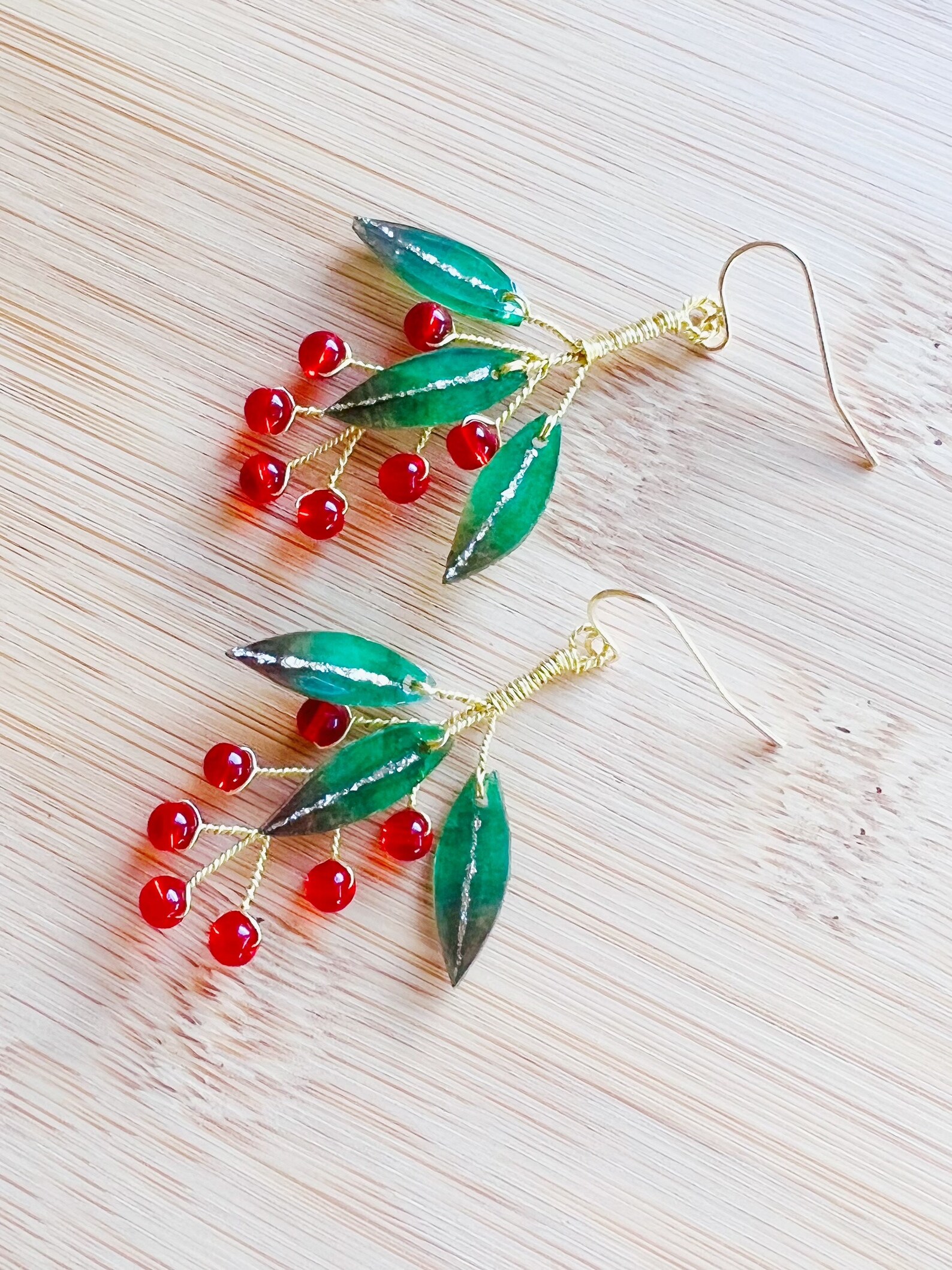 Green Leaves With Red Berries Dangled Drop Earrings, Handmade Earrings ...