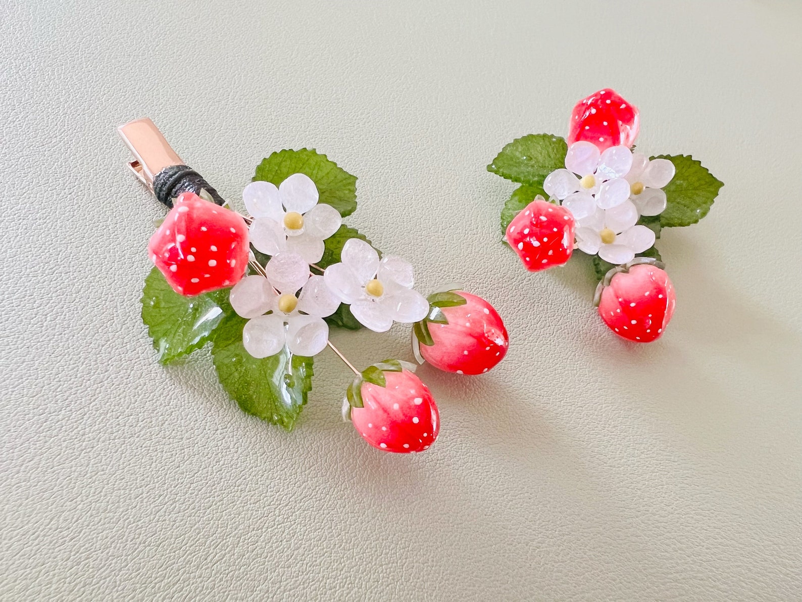 Shrink Plastic Red Strawberry With Flowers and Leaves Cute Hair Clip ...