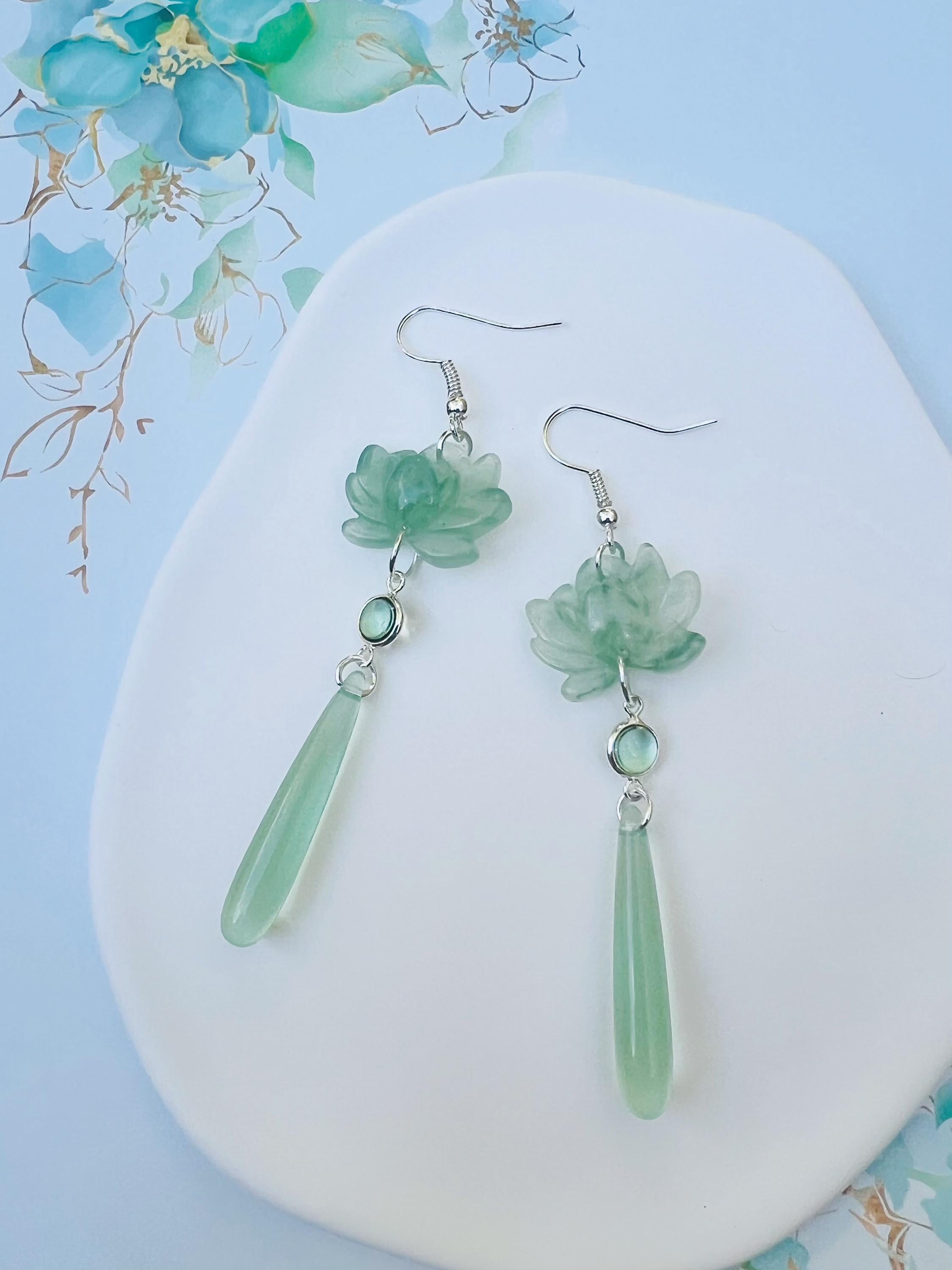 Imitation Green Jade Lotus Flower With Long Crystal Drops Oriental ...