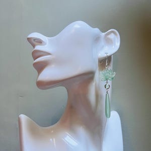 Imitation Green Jade Lotus Flower With Long Crystal Drops Oriental ...