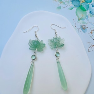 Imitation Green Jade Lotus Flower With Long Crystal Drops Oriental ...