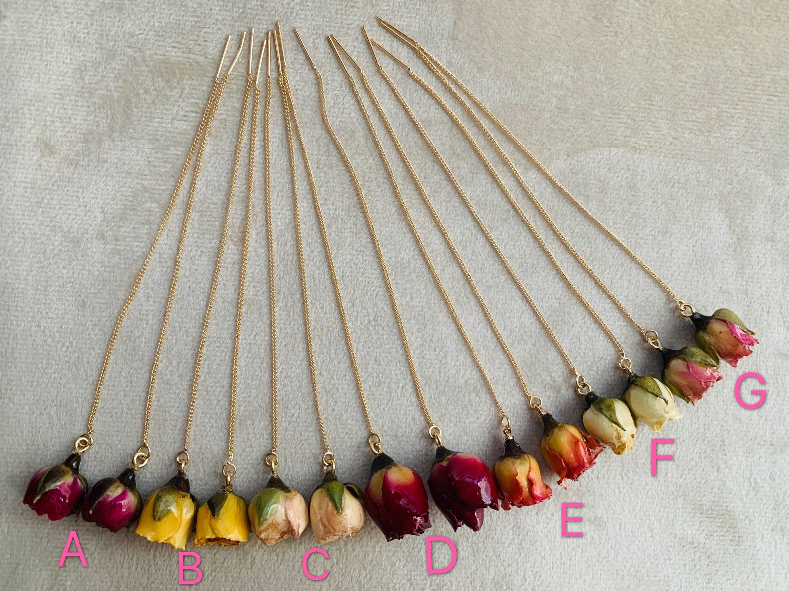 Real Pressed Rose Flowers Threader Earrings, Handmade Ear Threaders ...