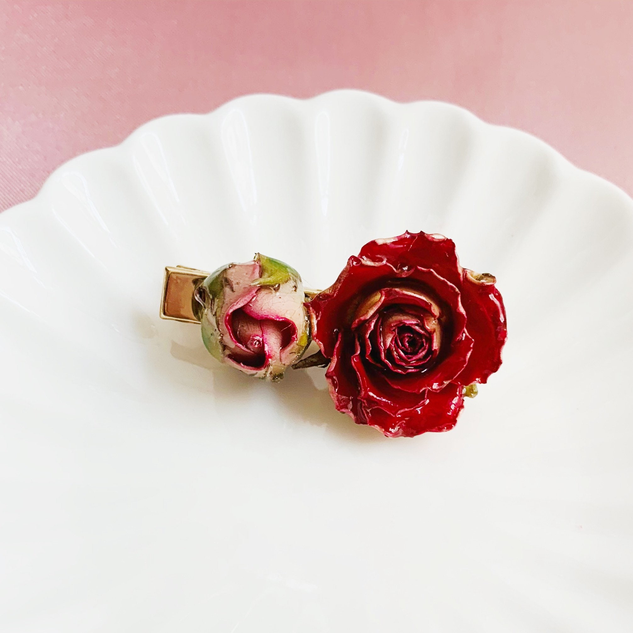 Resin Coated Real Pink Rose Flowers Hair Clip Hairpiece, Handmade ...