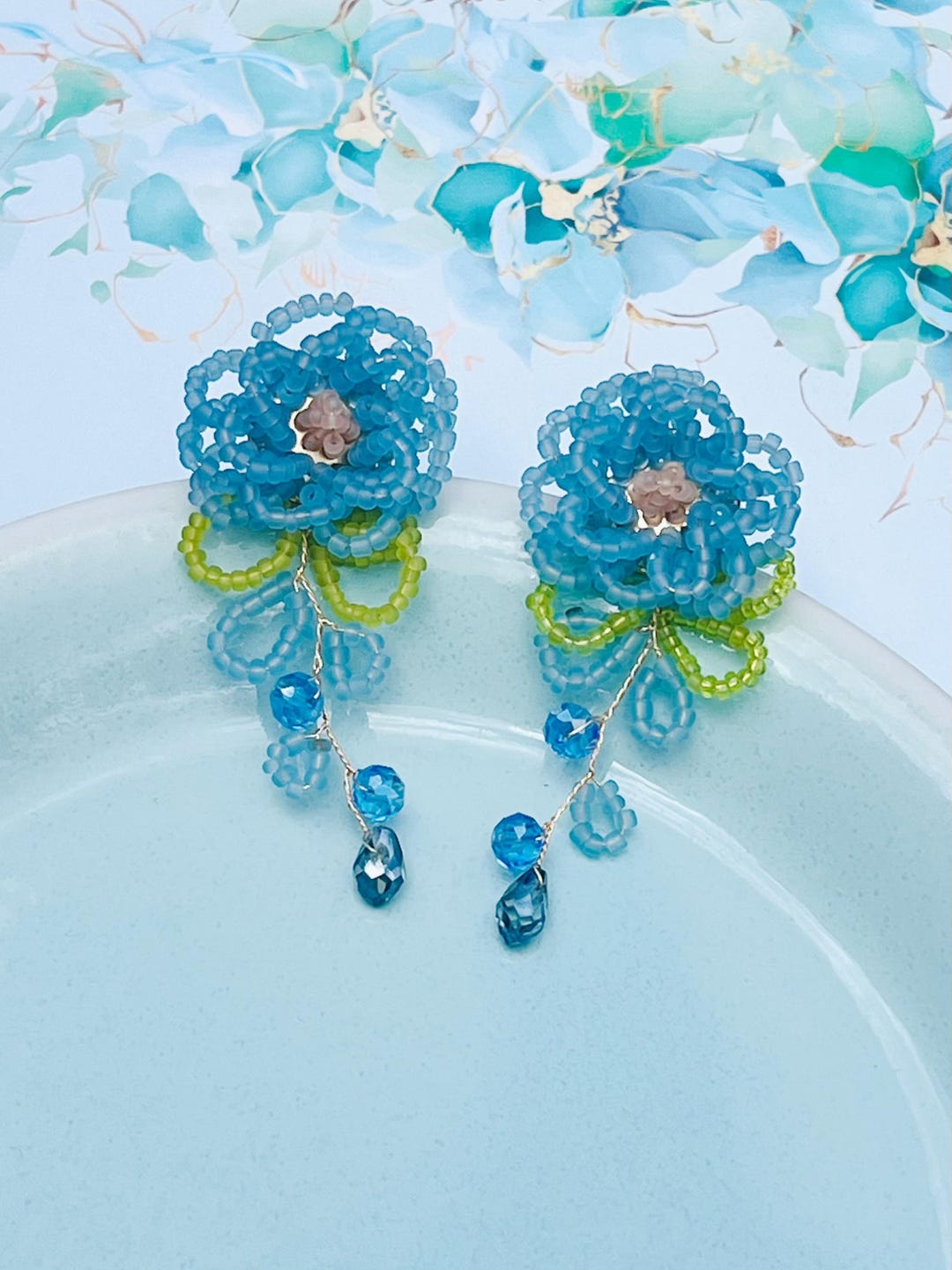Hand Beaded Blue Rose Flowers With Crystal Studded Drop Earrings ...