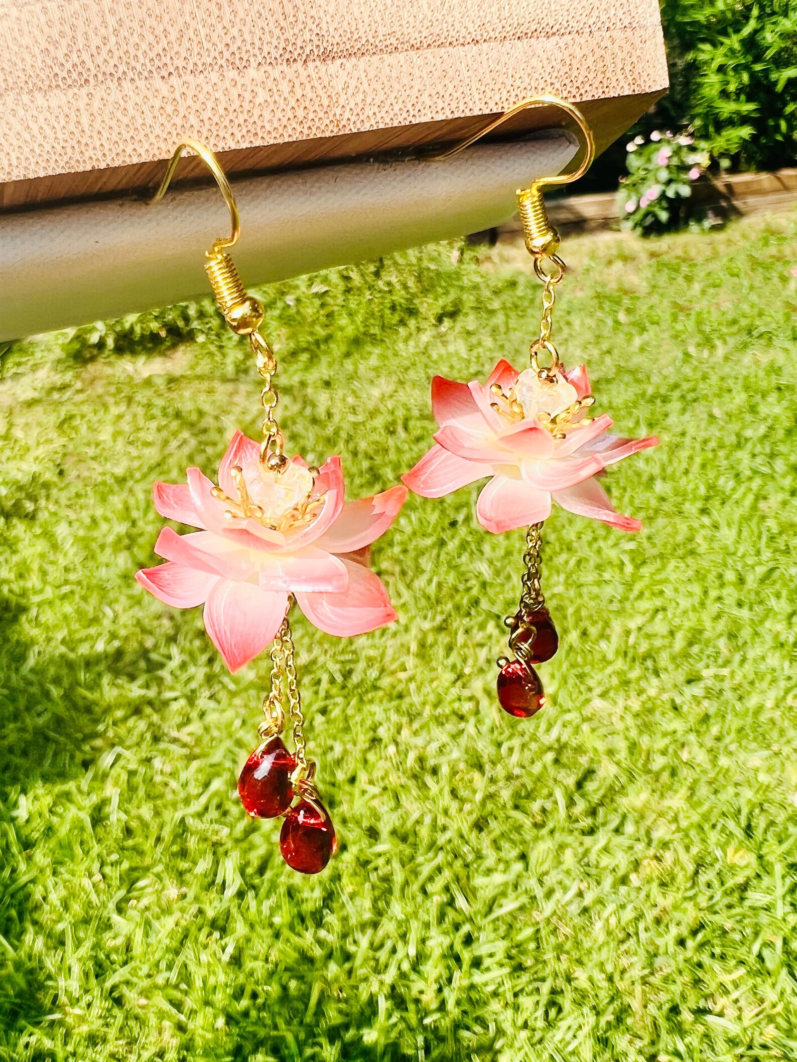 Shrink Plastic Red Lotus Flowers With Seedpod and Crystal Drop Dangled ...