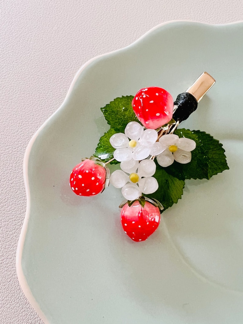 Shrink Plastic Red Strawberry With Flowers and Leaves Cute Hair Clip ...