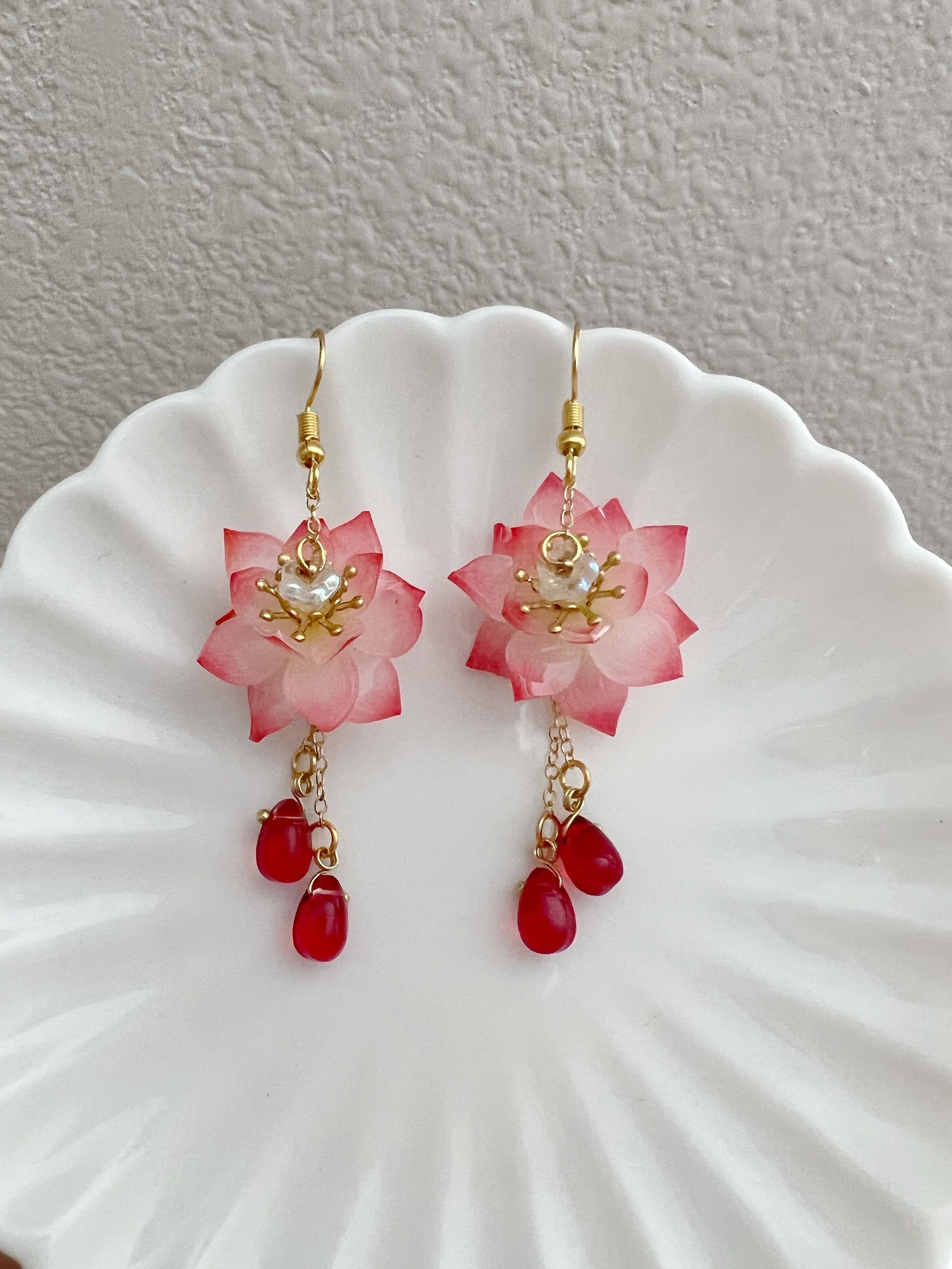 Shrink Plastic Red Lotus Flowers With Seedpod and Crystal Drop Dangled ...