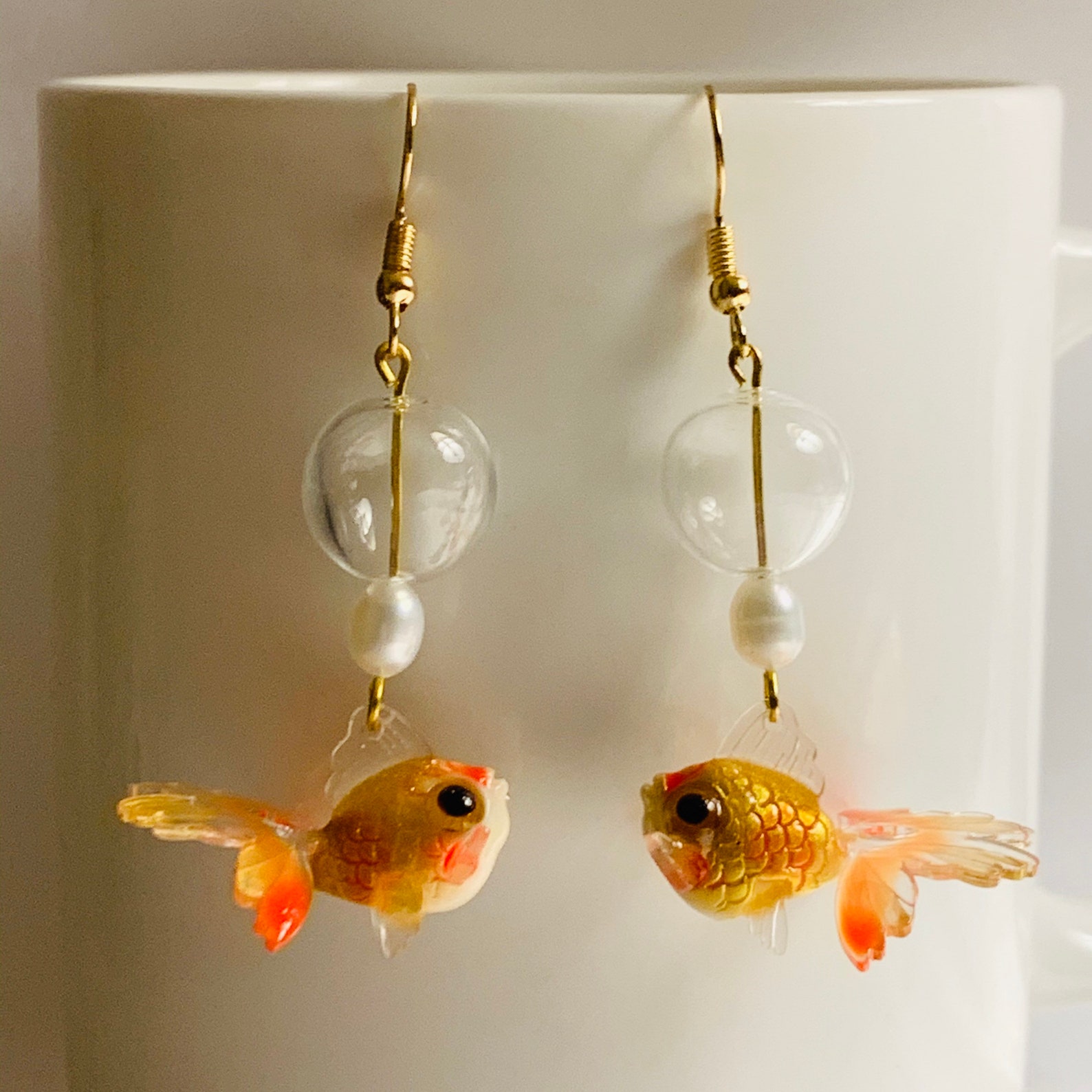 Red Goldfish Koi Fish Dangled Drop Earrings With Glass Bubbles and ...