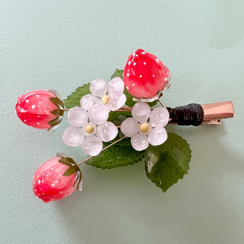 Shrink Plastic Red Strawberry With Flowers and Leaves Cute Hair Clip ...