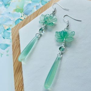 Imitation Green Jade Lotus Flower With Long Crystal Drops Oriental ...