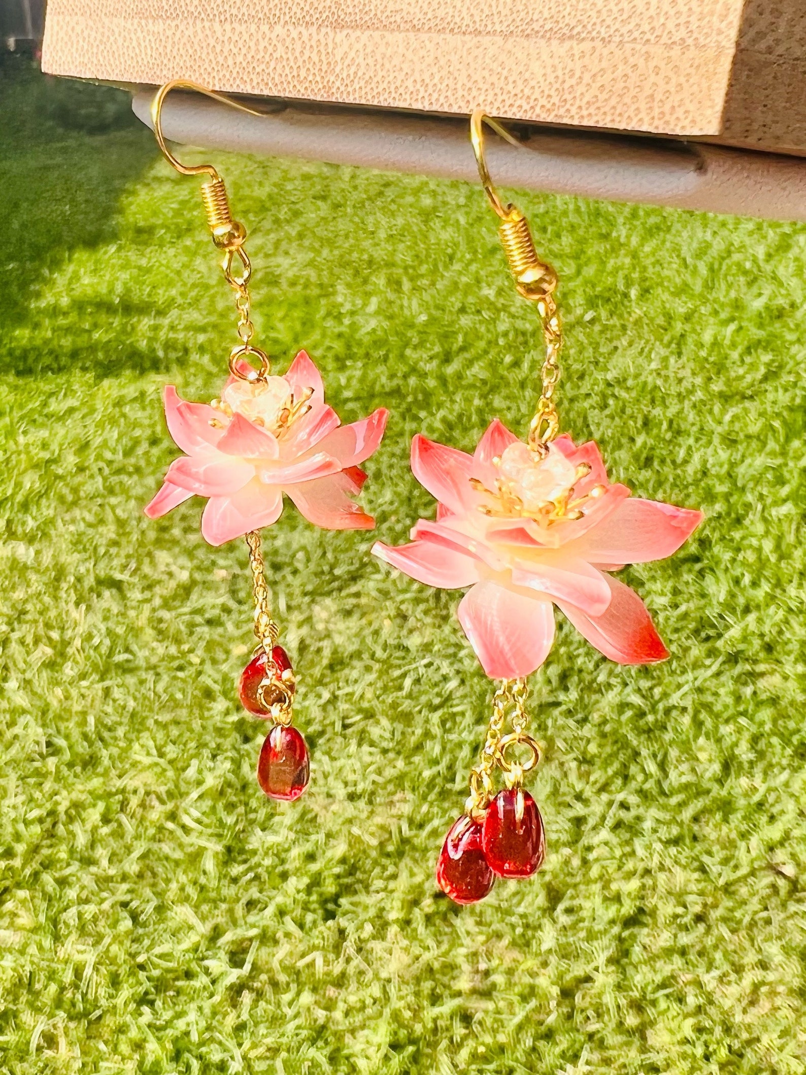 Shrink Plastic Red Lotus Flowers With Seedpod and Crystal Drop Dangled ...
