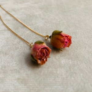 Real Pressed Rose Flowers Threader Earrings, Handmade Ear Threaders ...