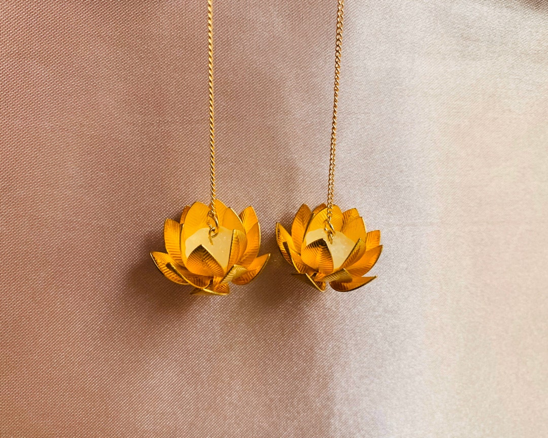 Golden Lotus Flowers With White Jade Seedpod, Gold Plated Threader ...