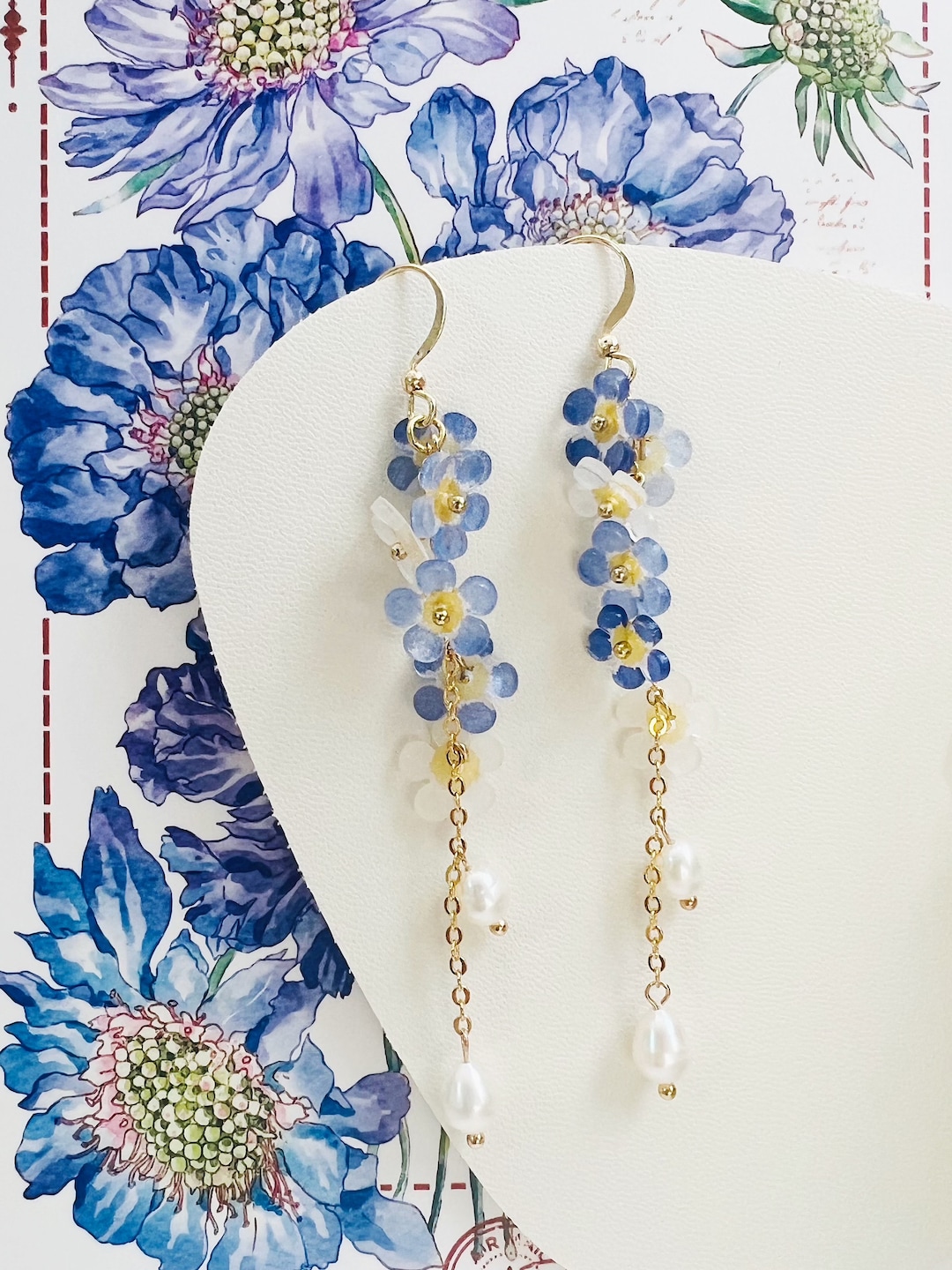 Blue White Ombré “forgot Me Not” Flowers With Natural Pearl Drops Long ...