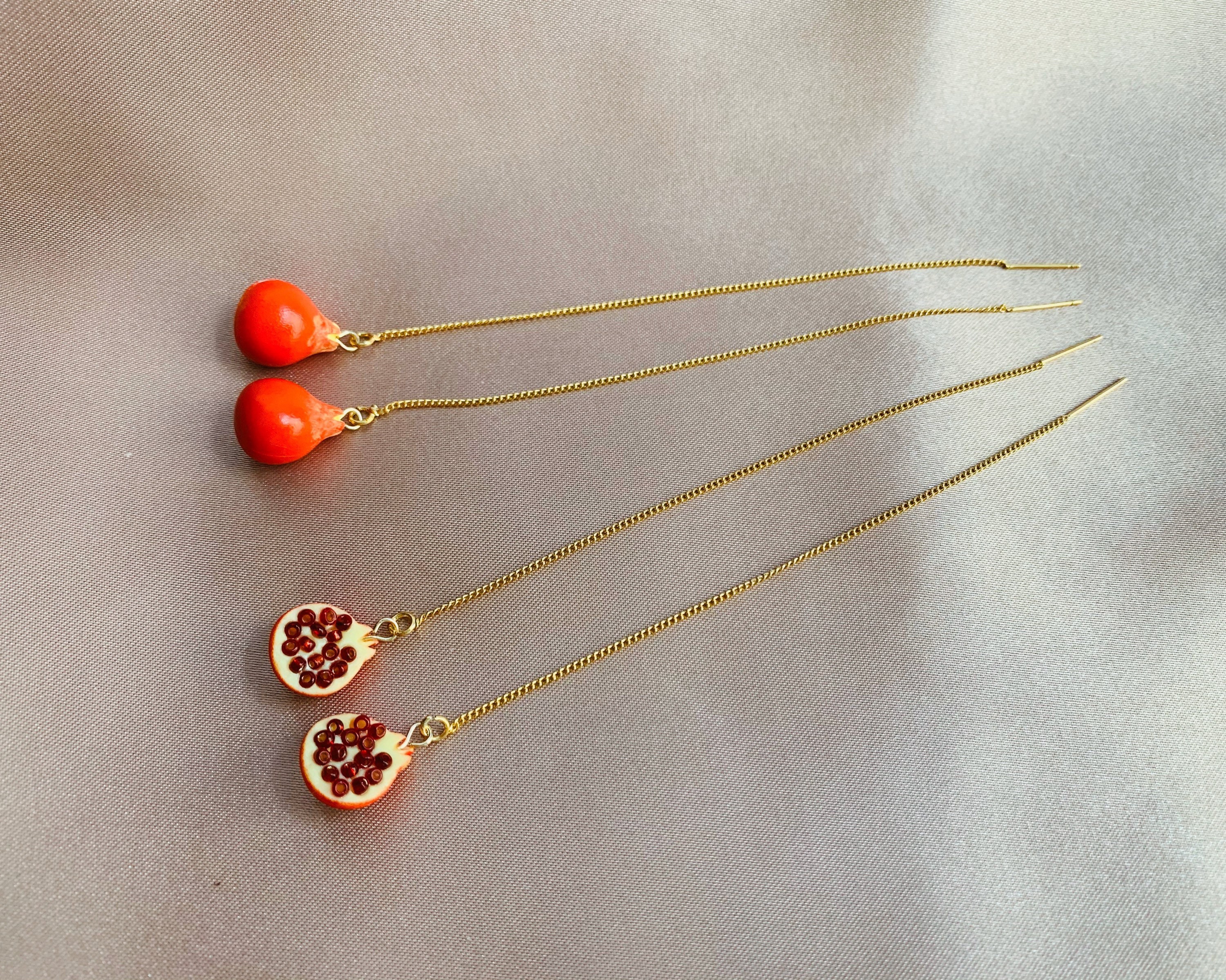 Polymer Clay Red Whole and Half Pomegranate Fruit Threader Earrings ...