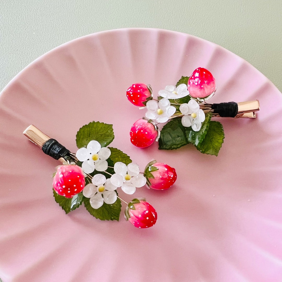 Shrink Plastic Red Strawberry With Flowers and Leaves Cute Hair Clip ...
