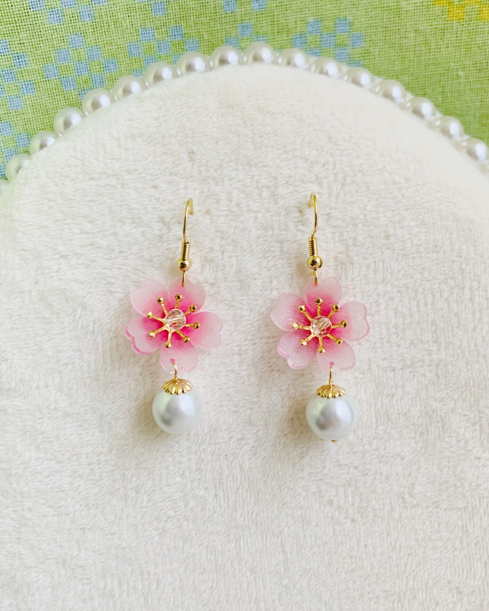 Cherry Blossom Pink Sakura Flower With Pearl Drops Japanese Earrings ...