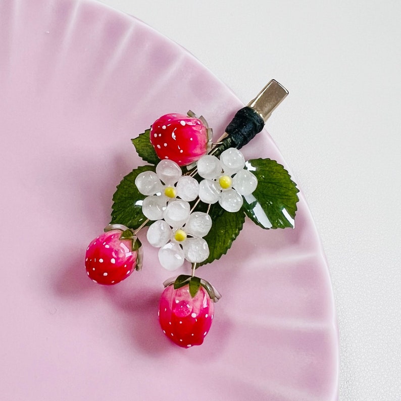 Shrink Plastic Red Strawberry With Flowers and Leaves Cute Hair Clip ...