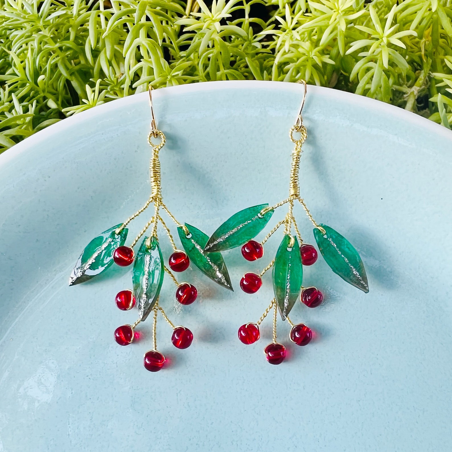 Green Leaves With Red Berries Dangled Drop Earrings, Handmade Earrings ...