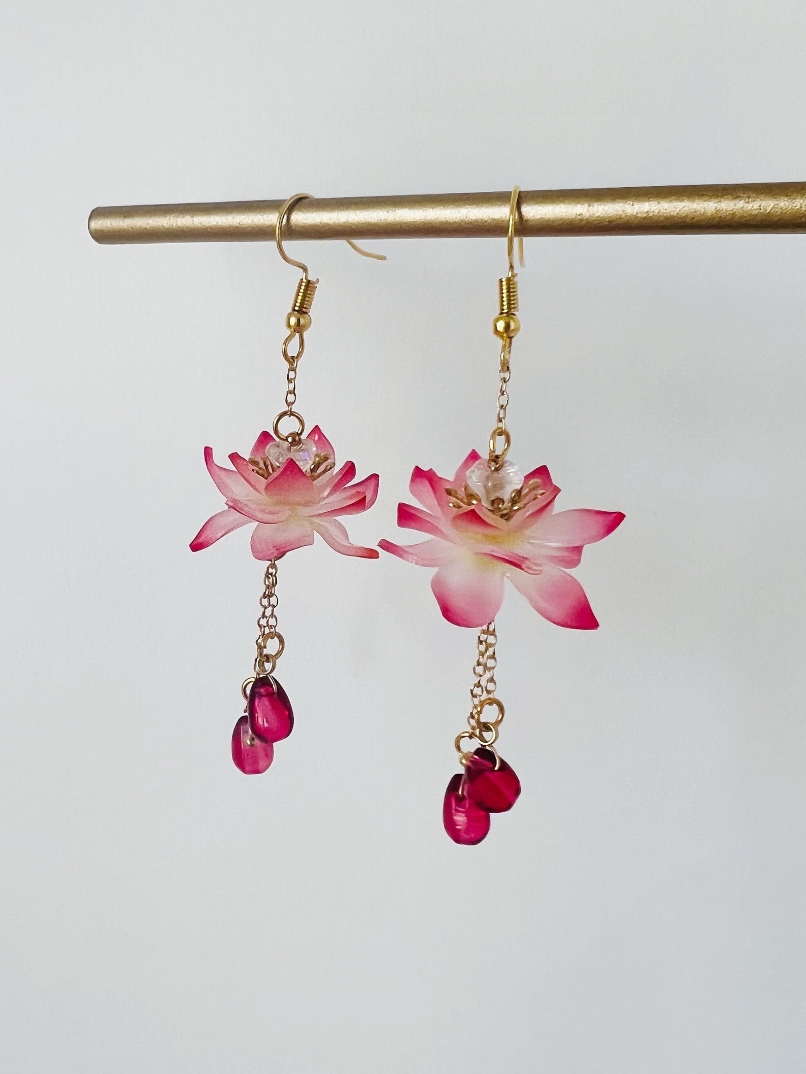 Shrink Plastic Red Lotus Flowers With Seedpod and Crystal Drop Dangled ...