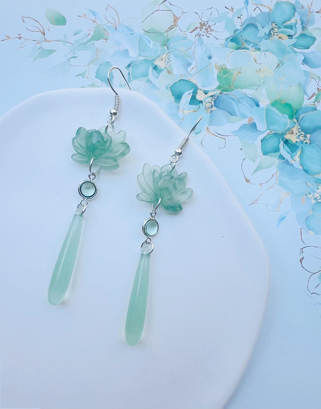 Imitation Green Jade Lotus Flower With Long Crystal Drops Oriental ...