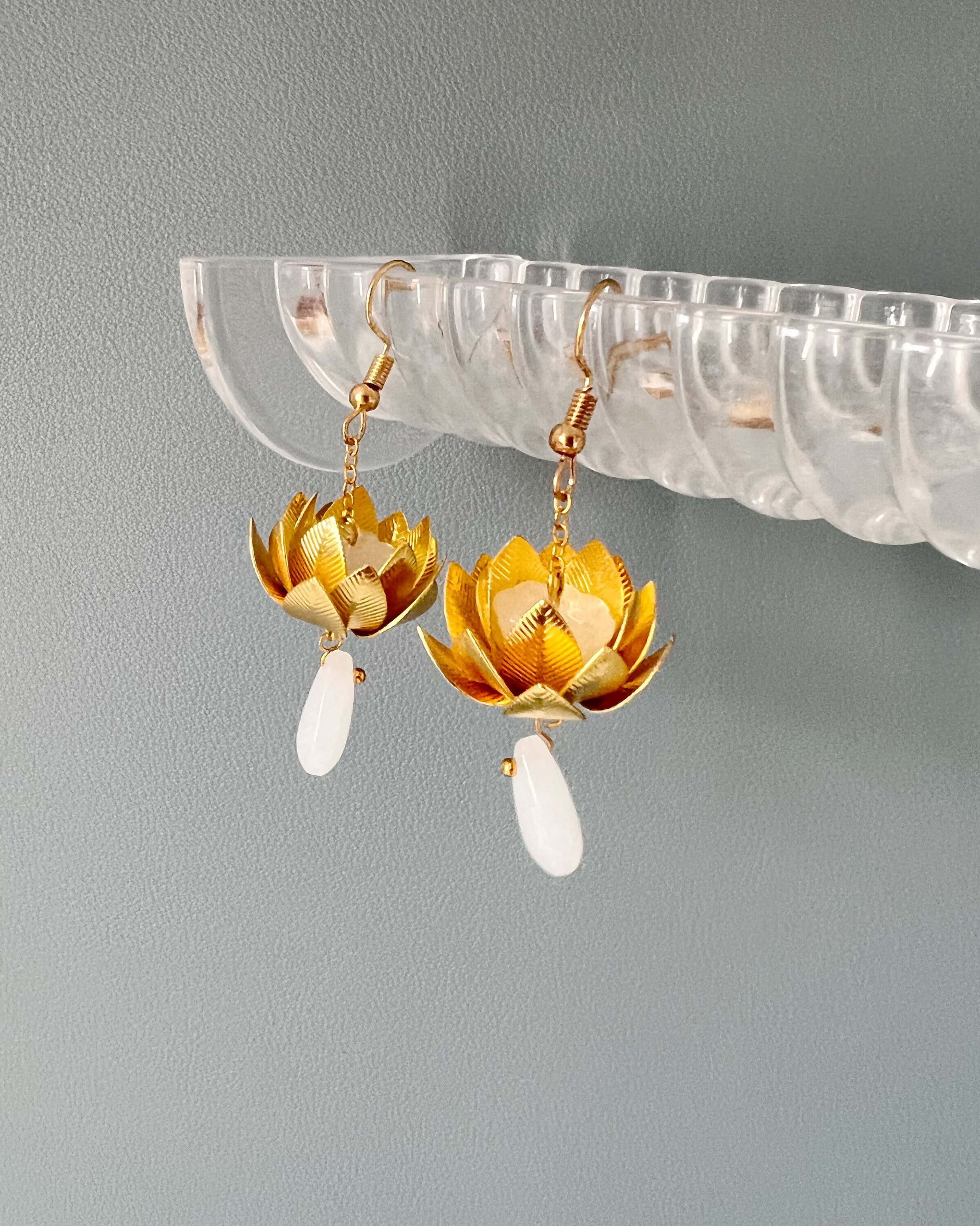 Golden Lotus Flower With White Jade Seedpod and Teardrop Dangling ...