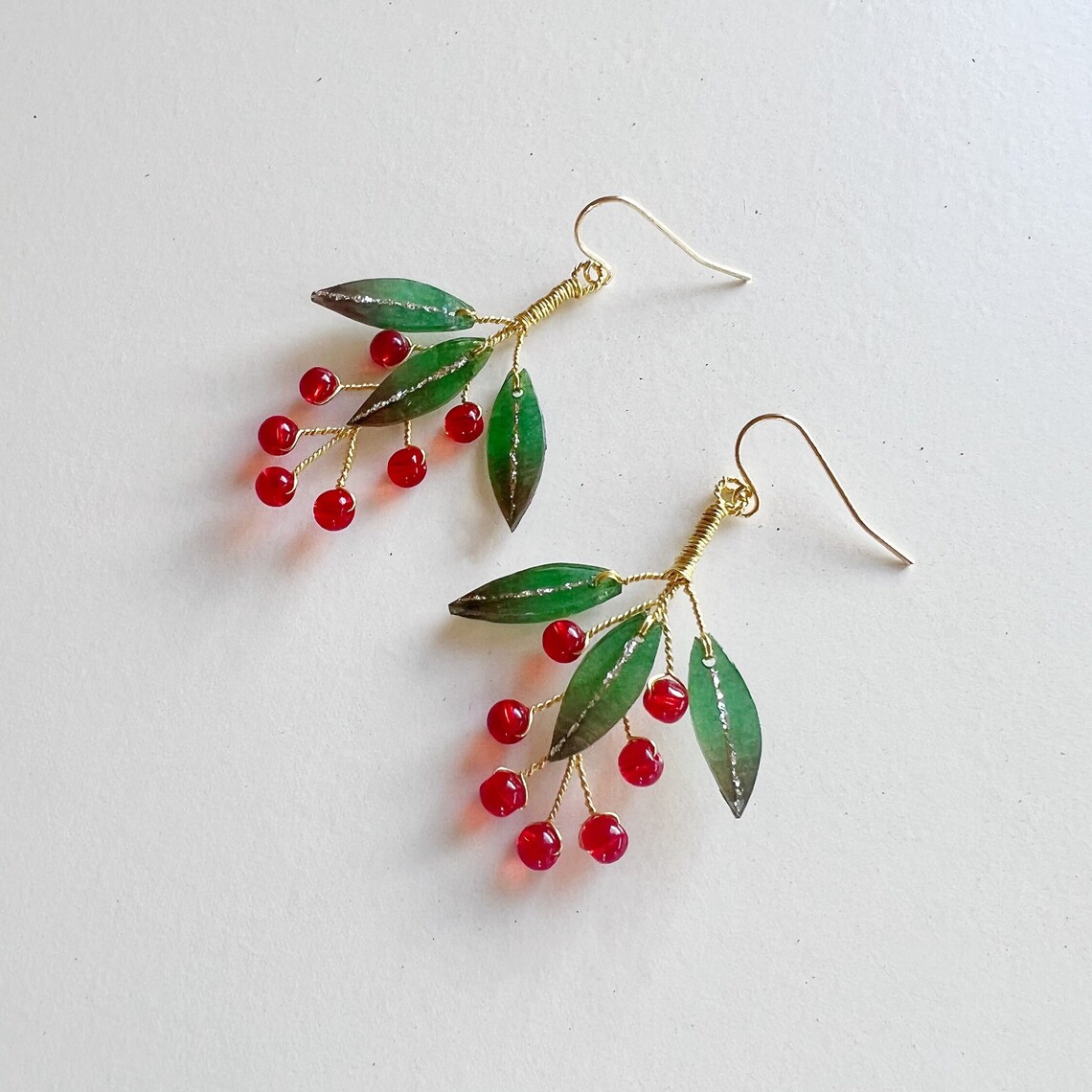Green Leaves With Red Berries Dangled Drop Earrings, Handmade Earrings ...