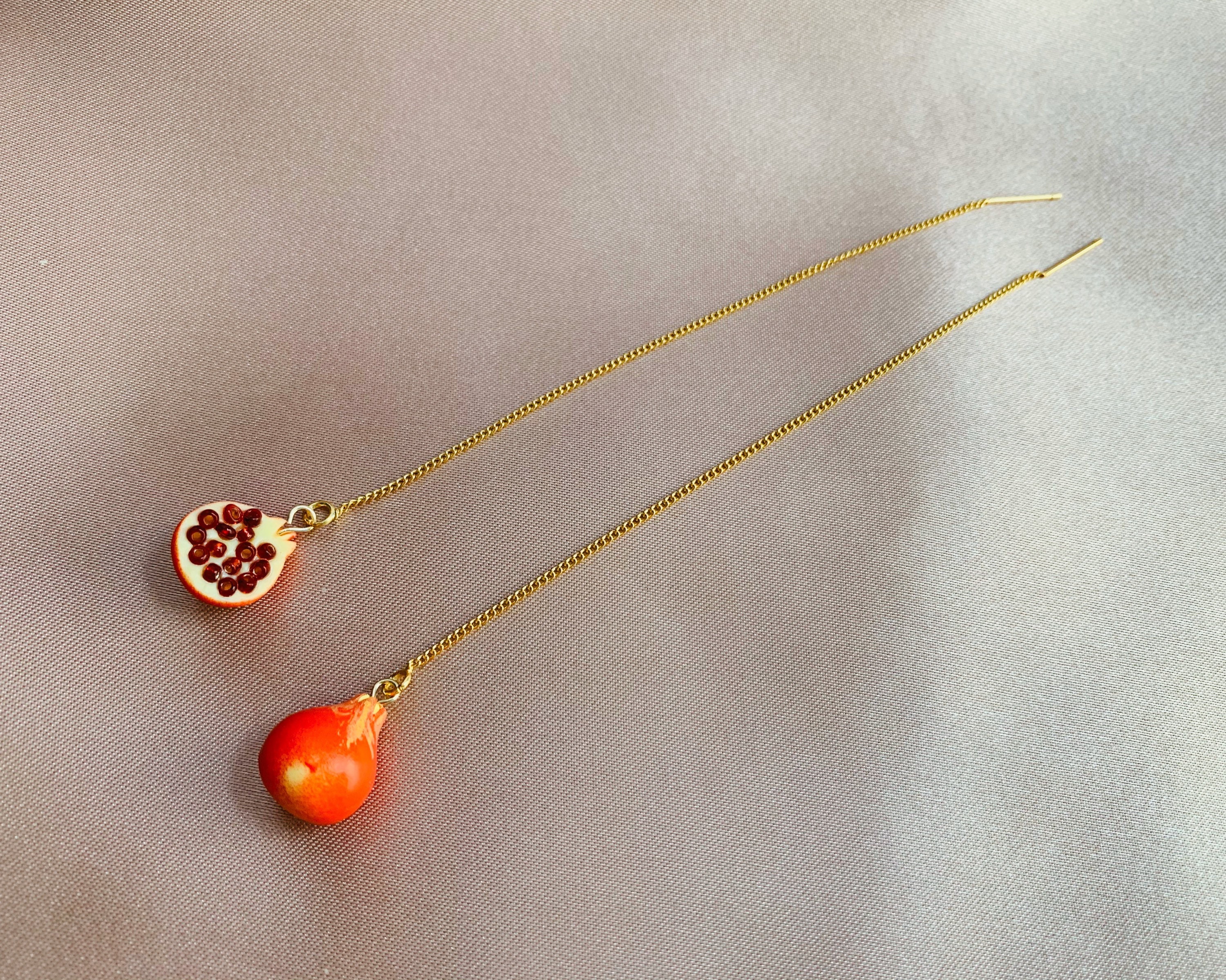 Polymer Clay Red Whole and Half Pomegranate Fruit Threader Earrings ...