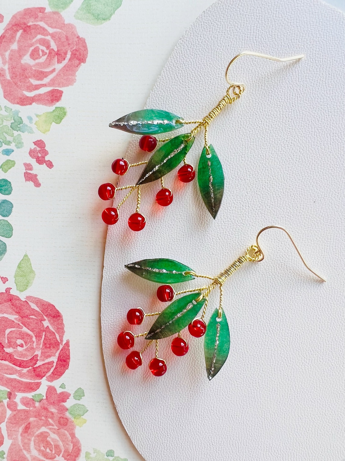 Green Leaves With Red Berries Dangled Drop Earrings, Handmade Earrings ...