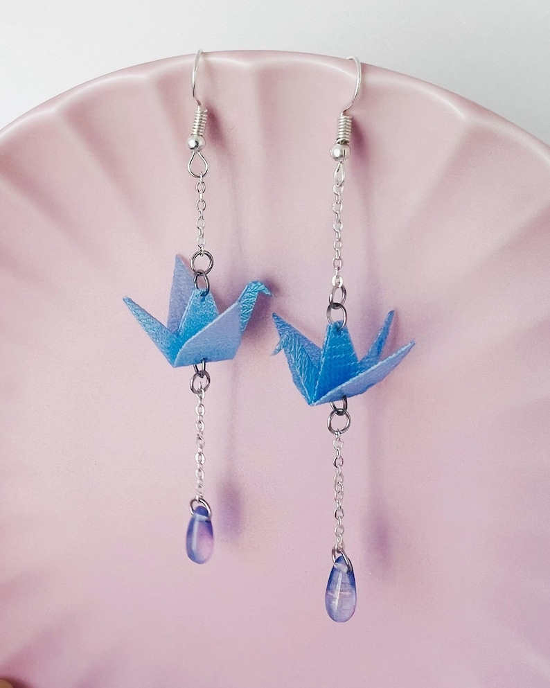 Laser Color Blue Japanese Paper Crane With Crystal Drops Dangled ...