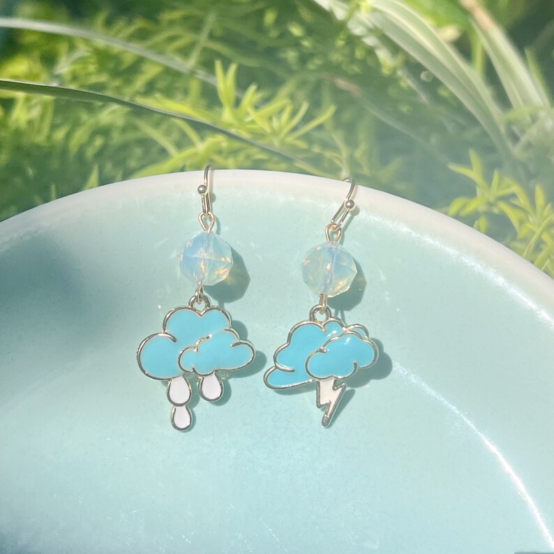 Enamel Blue Cloud With Rain Drops or Lighting Bolts Asymmetrical ...