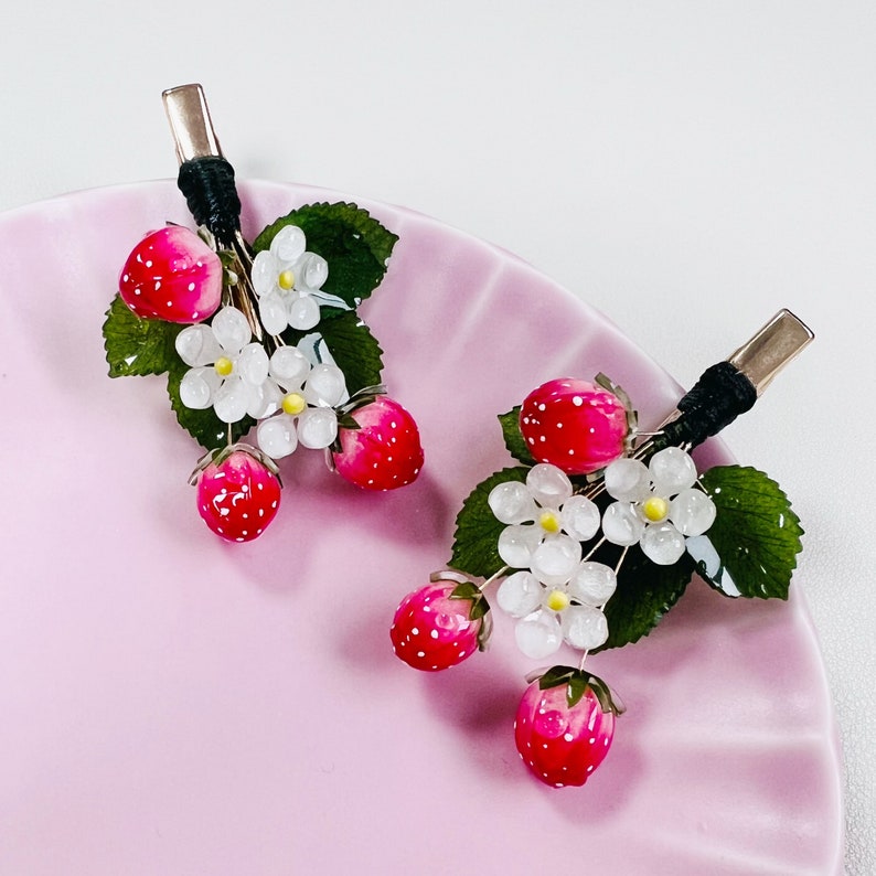 Shrink Plastic Red Strawberry With Flowers and Leaves Cute Hair Clip ...