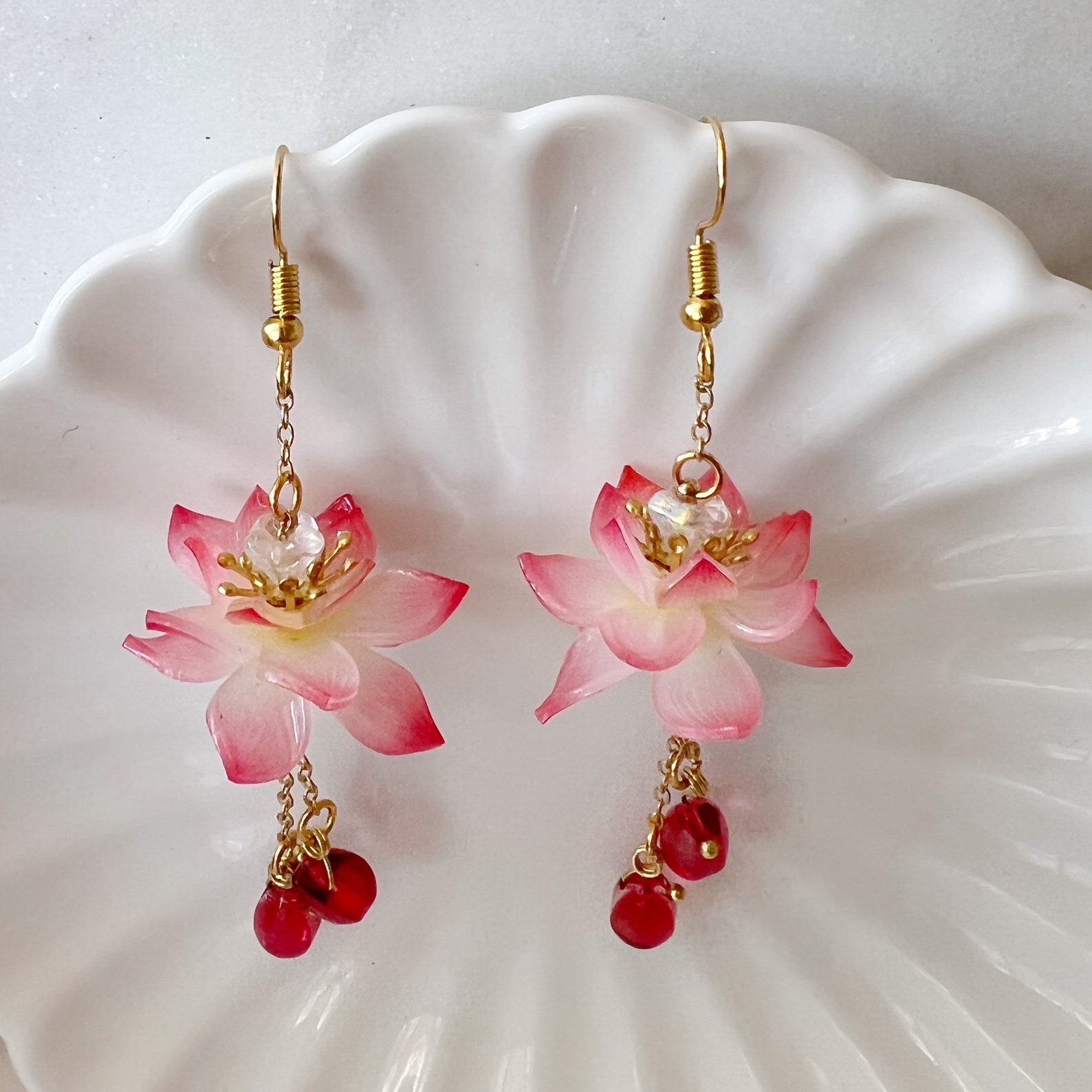 Shrink Plastic Red Lotus Flowers With Seedpod and Crystal Drop Dangled ...