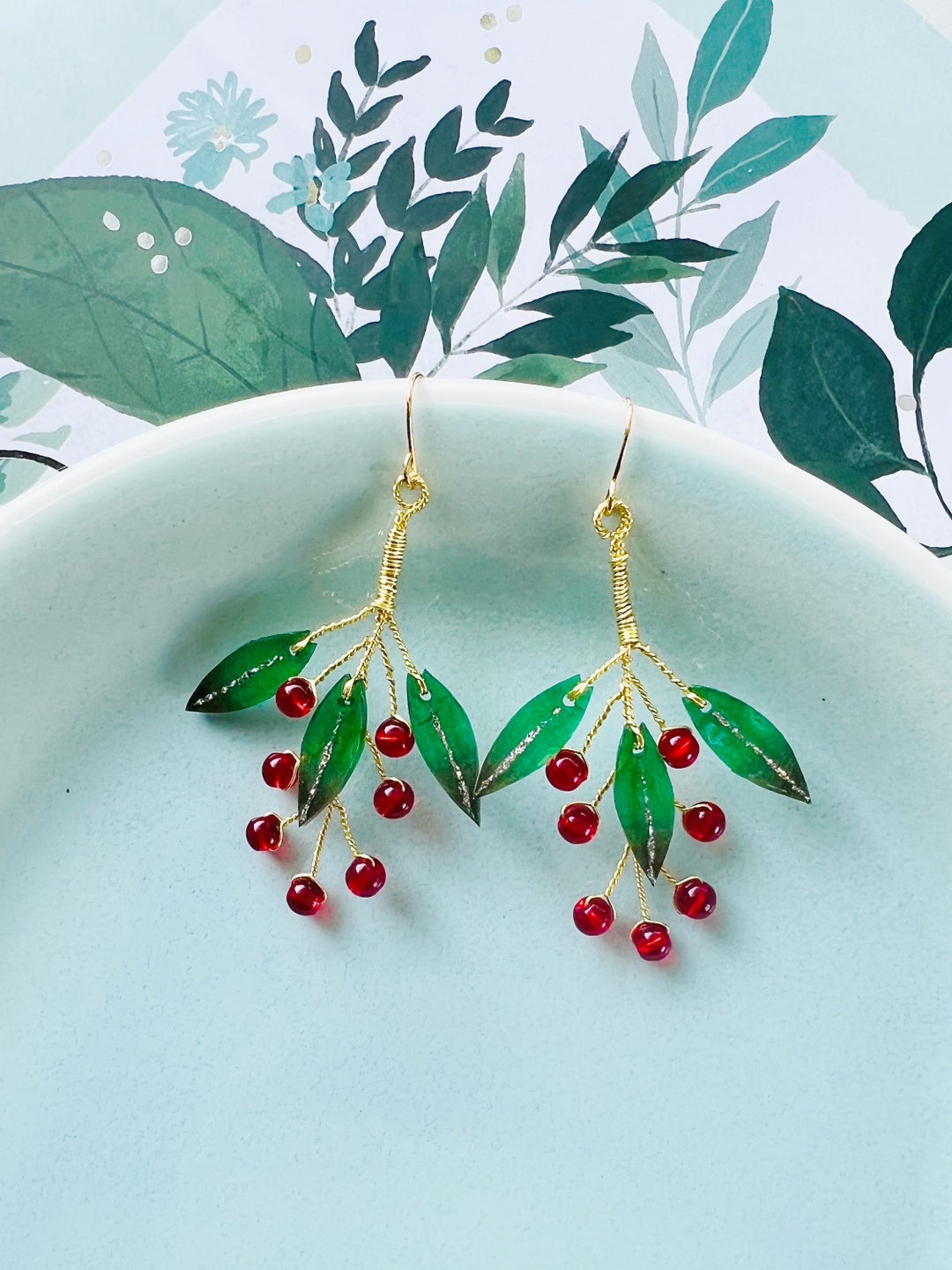 Green Leaves With Red Berries Dangled Drop Earrings, Handmade Earrings ...