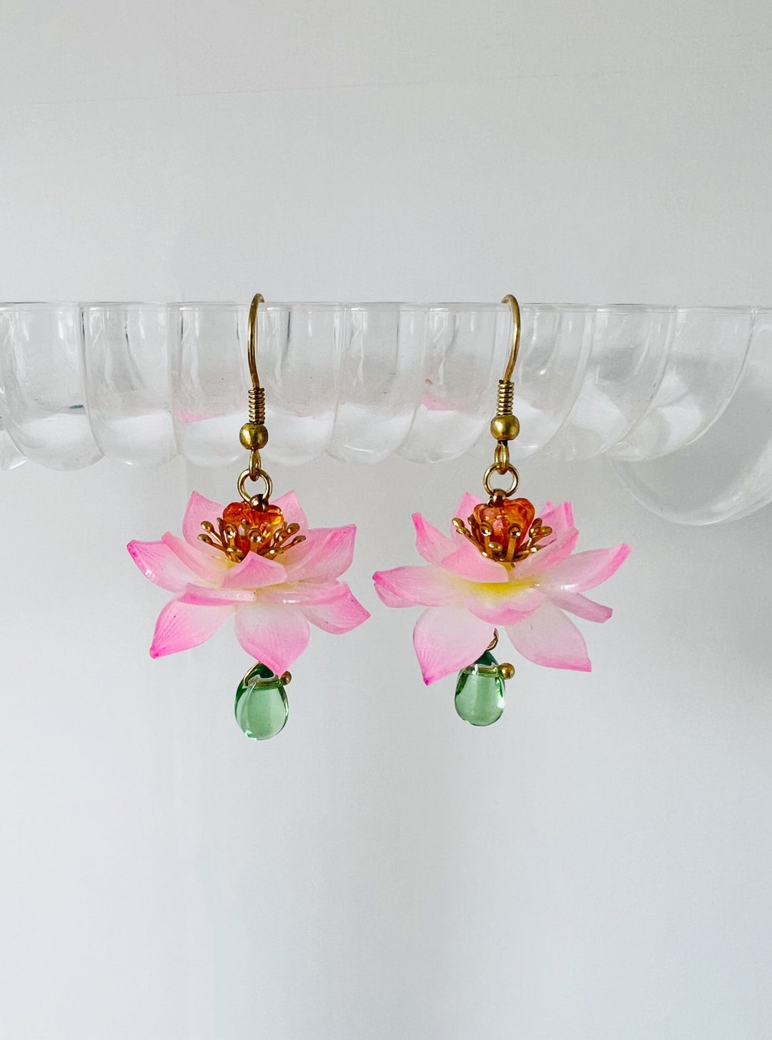 Shrink Pink Lotus Flowers With Seedpod and Crystal Drop Dangled ...
