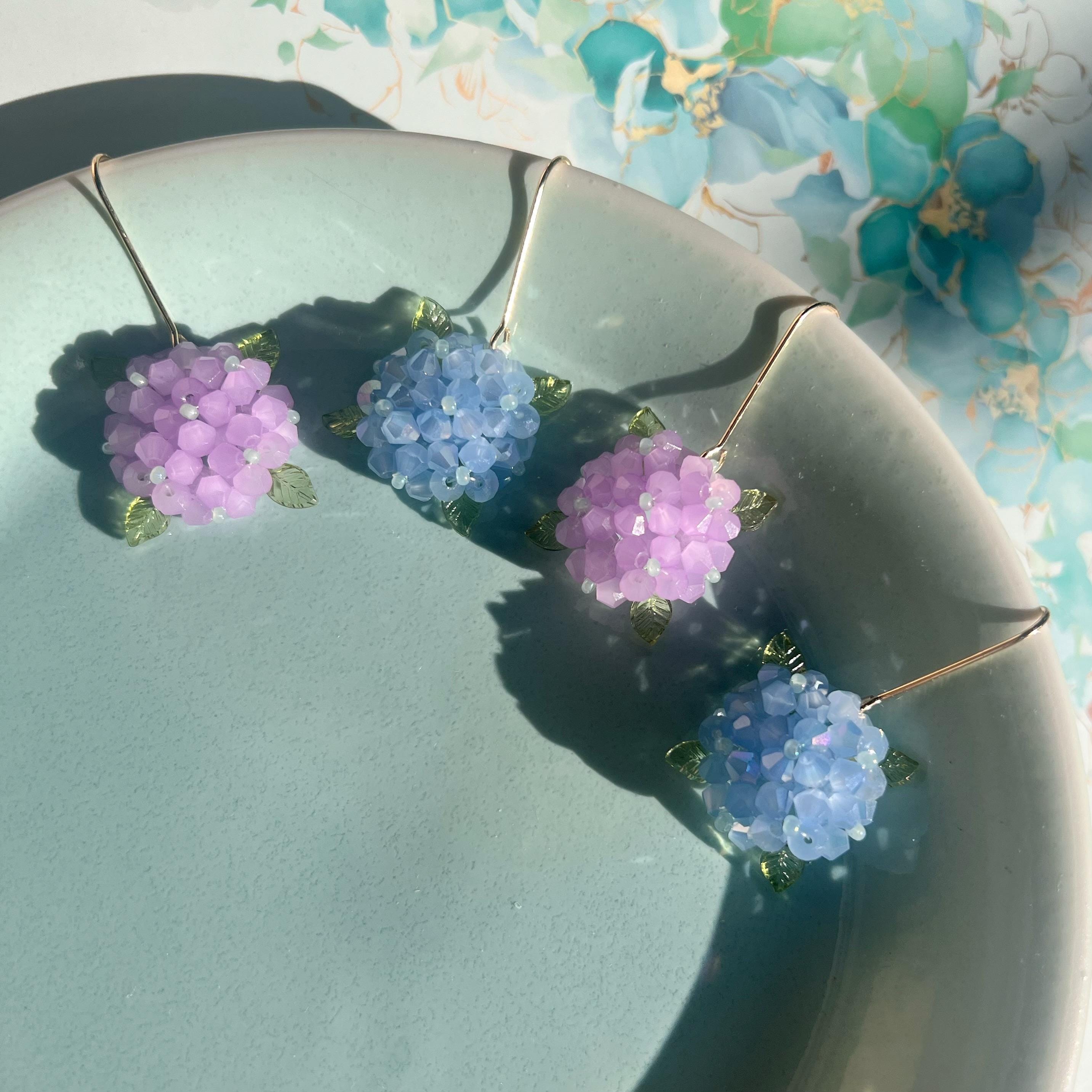 Hand Beaded Blue or Purple Hydrangea Flowers Dangling Drop Earrings ...