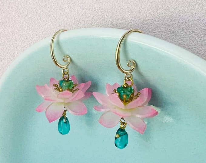 Shrink Pink Lotus Flower With Seedpod and Teal Crystal Drop Dangled ...