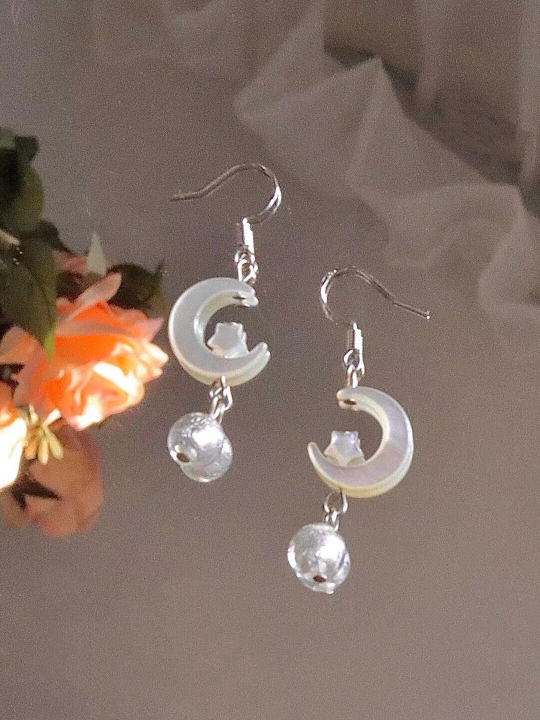 Natural White Shell Crescent Moon and Star With Silver Beads Dangled ...