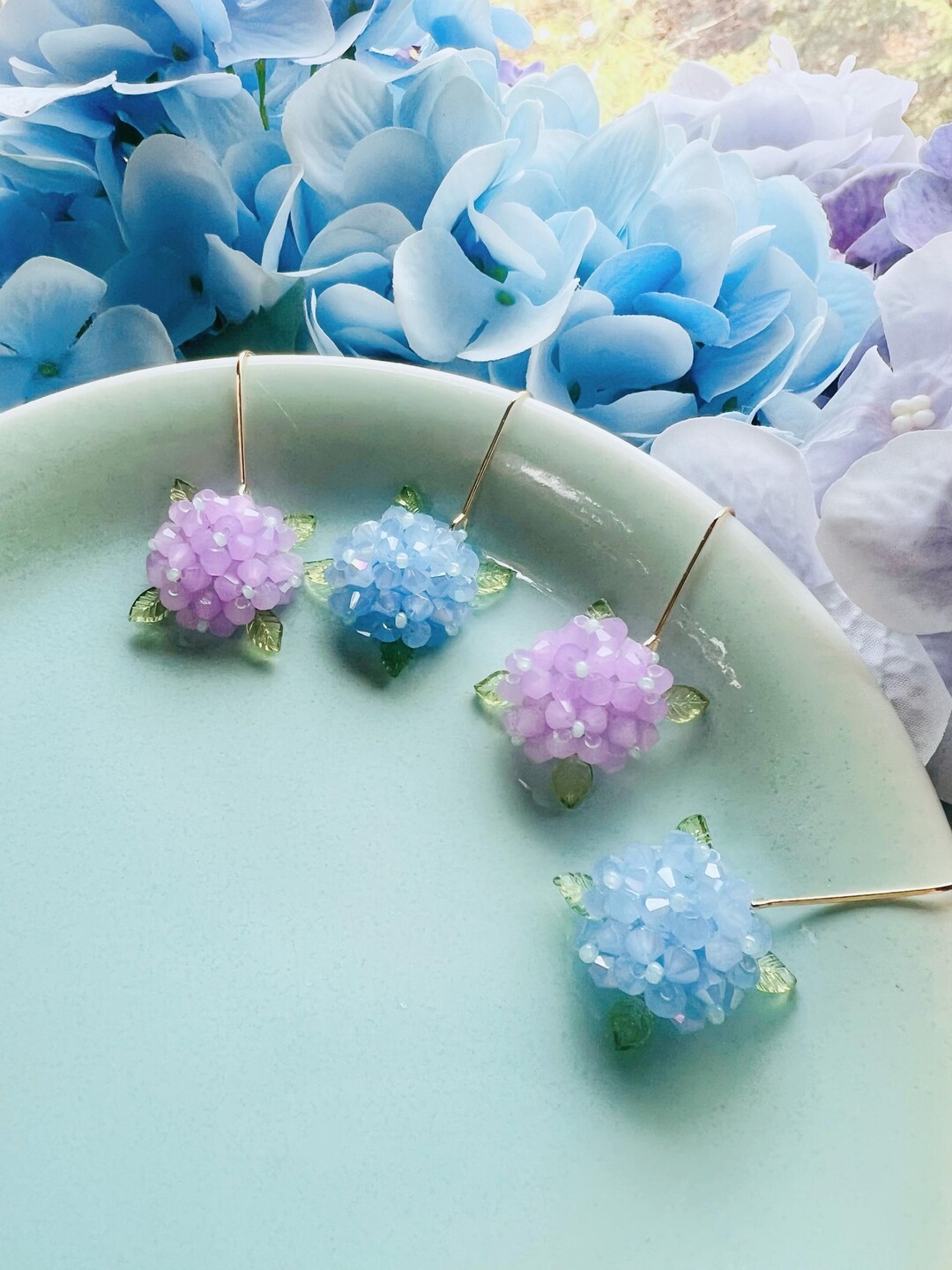 Hand Beaded Blue or Purple Hydrangea Flowers Dangling Drop Earrings ...