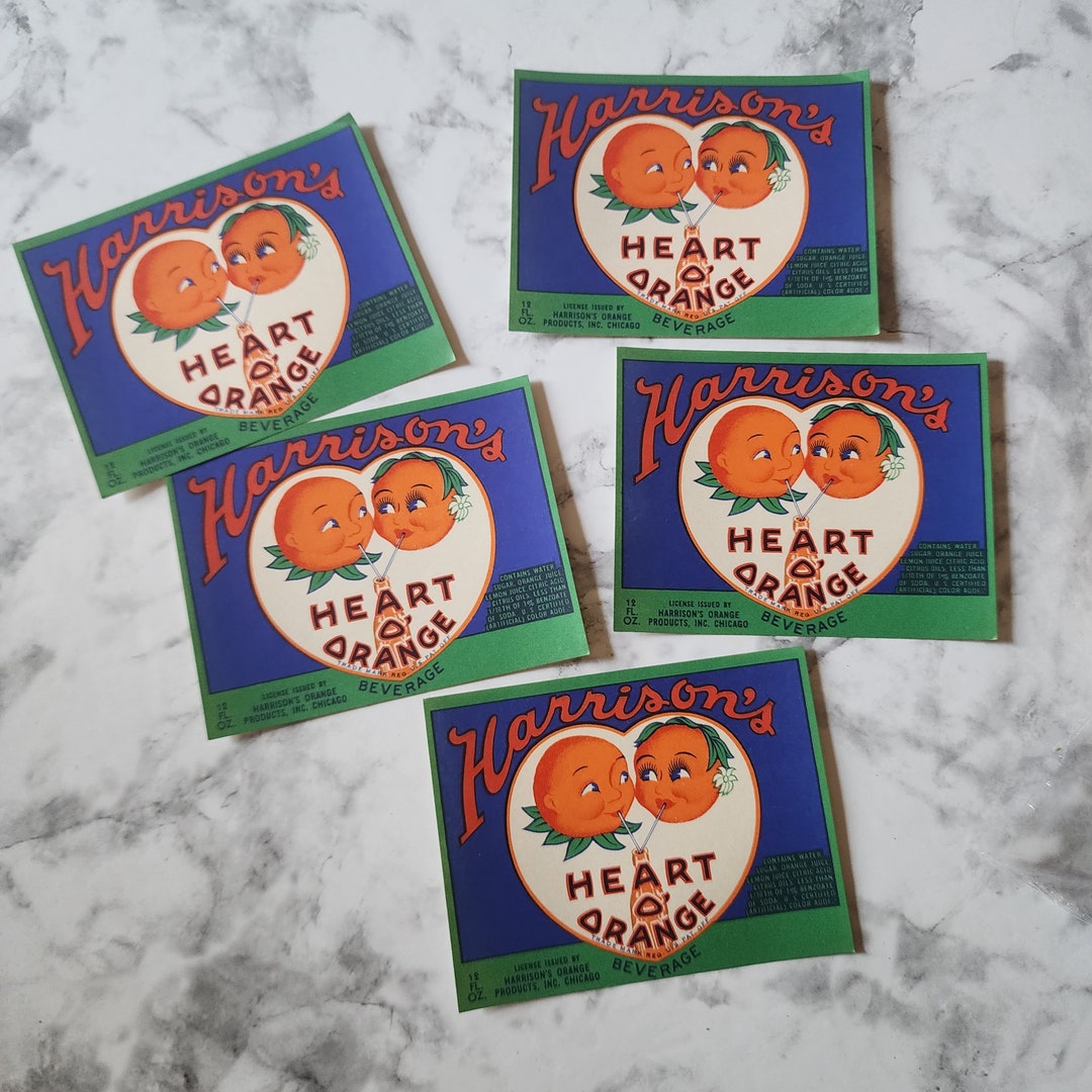 Set of 5 Harrison's Heart of Orange Anthropomorphic Beverage Label ...