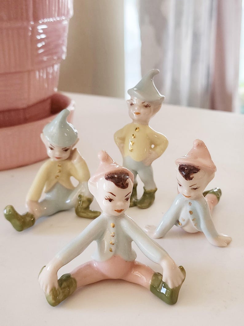 Vintage Pixie Elves Elf Pastel Figurines Lot of 4 Pink Green Teal ...