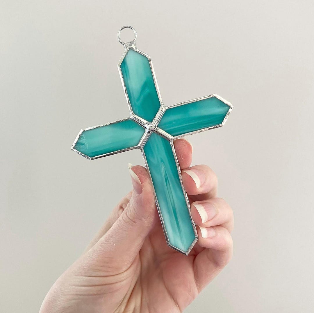OCEAN SURF, Stained Glass Cross, Swirl Glass, Turquoise Glass Cross ...