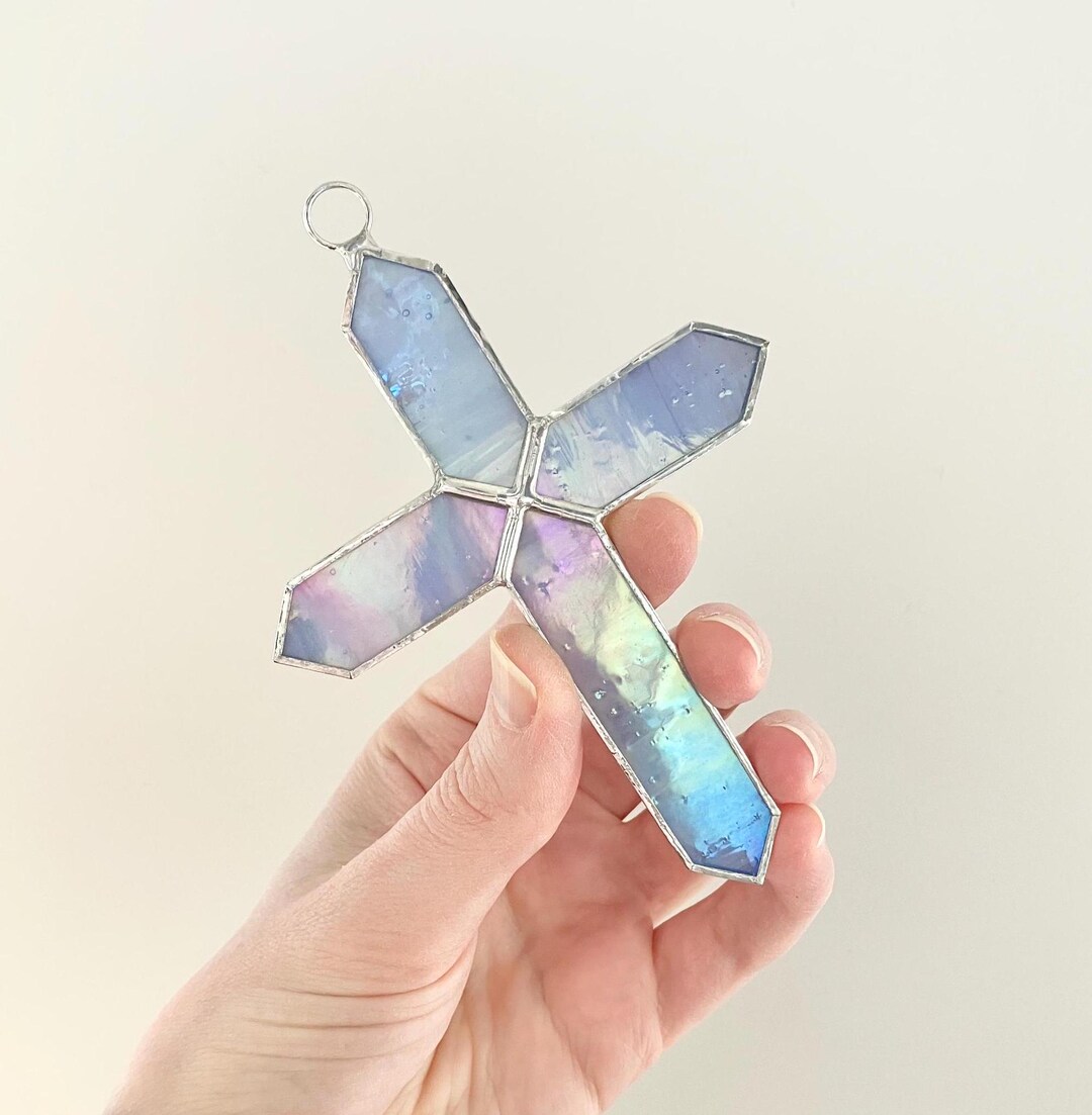DREAMY BLUE, Iridescent Stained Glass Cross, Blue Cross Suncatcher ...