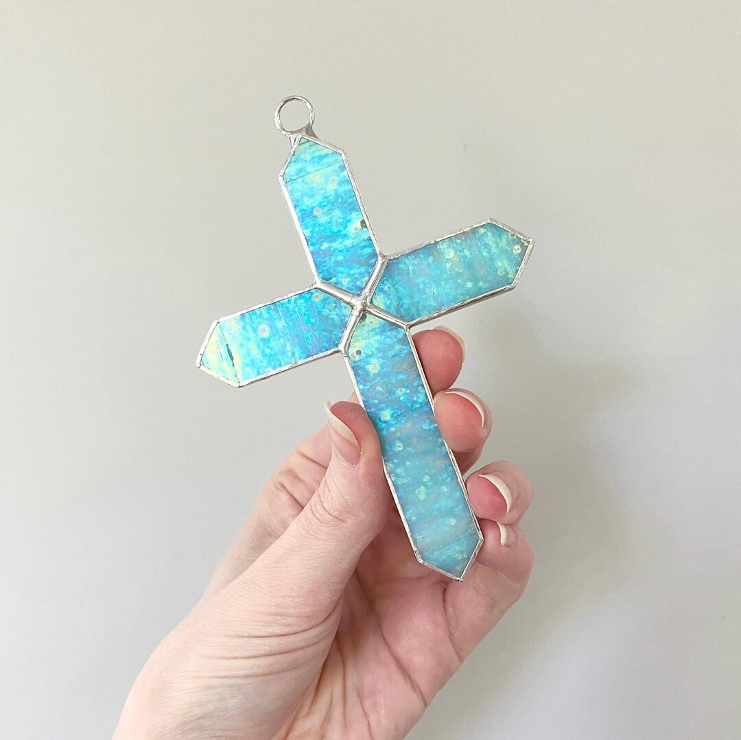 SOFT BLUE, Iridescent Stained Glass Cross, Blue Cross, Lead Free ...