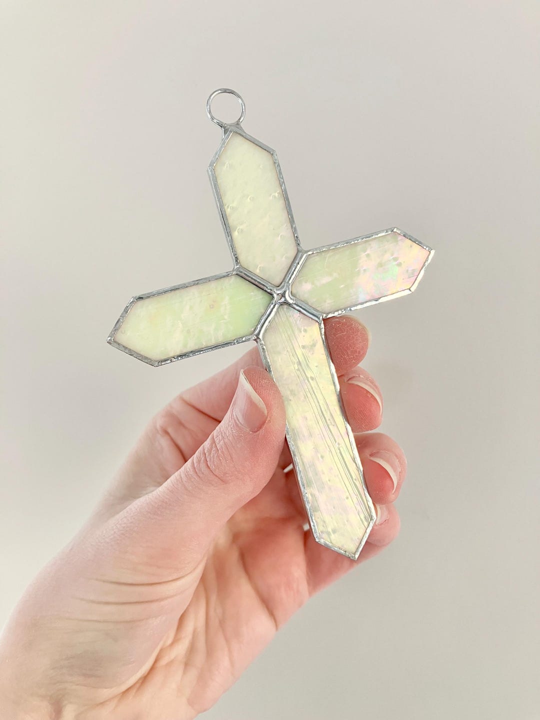 PEARL, Iridescent Stained Glass Cross, Cream Glass Cross, Lead Free ...