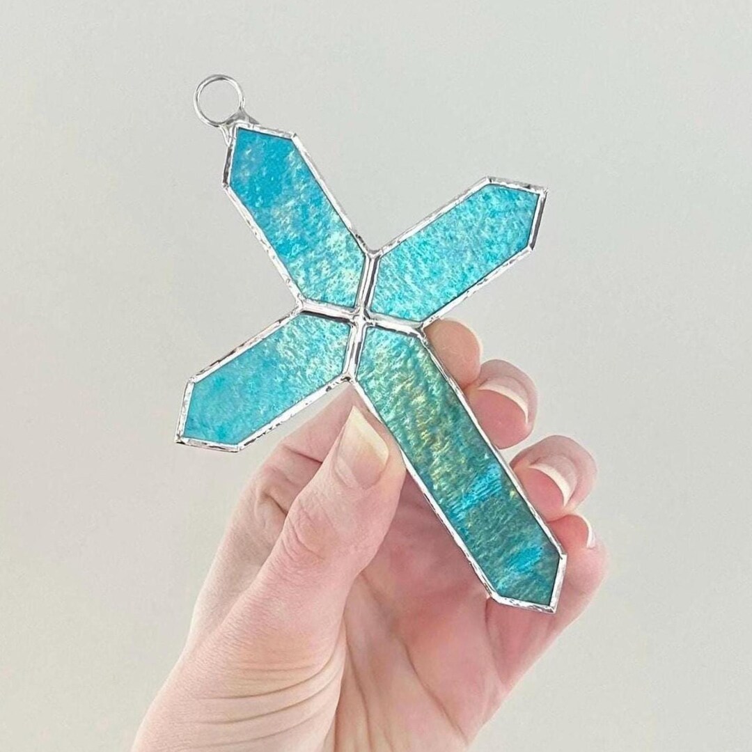 SHIMMER BLUE, Stained Glass Cross Suncatcher, Blue Cross, Window Cross ...