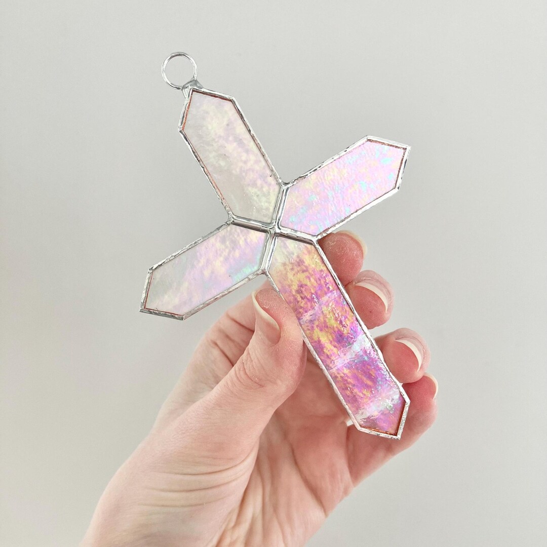 SOFT RAINBOW Iridescent Clear Stained Glass Cross Suncatcher, Lead Free ...