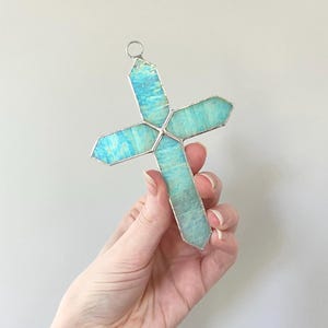 SOFT BLUE, Iridescent Stained Glass Cross, Blue Cross, Lead Free ...
