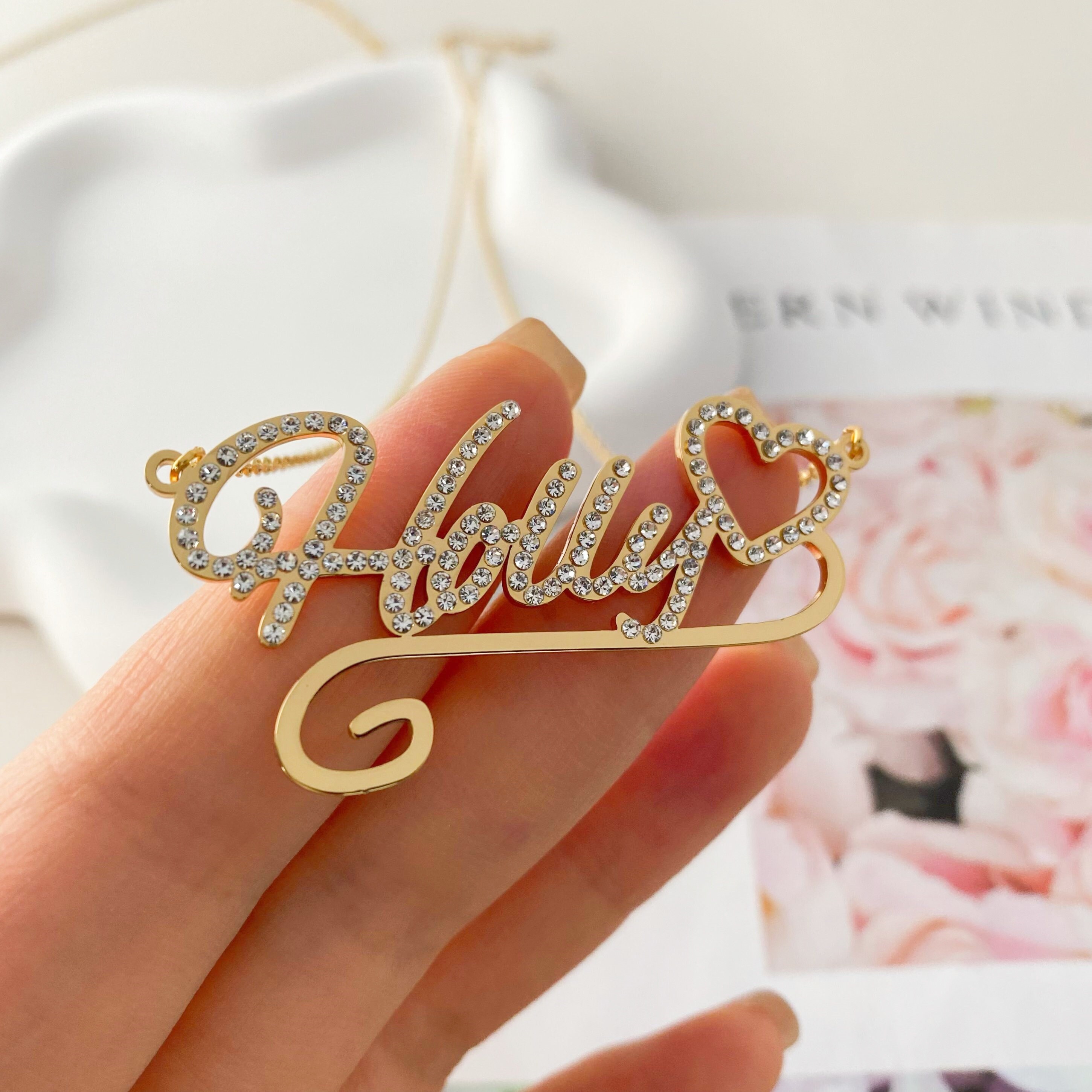 Diamond Name Plate Necklace, Custom Necklace, Crystal Name Necklace ...